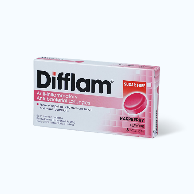 Viên ngậm Difflam Lozenges (Raspberry) giảm đau và sưng viêm họng (1 vỉ ...