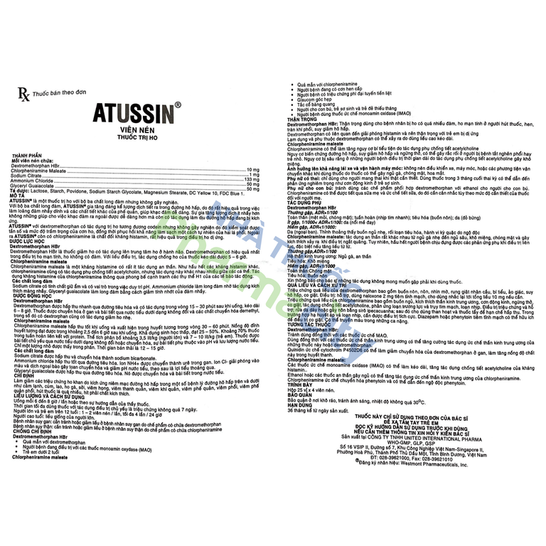 Viên nén Atussin 50mg trị ho do kích thích, cảm cúm, sổ mũi, viêm mũi ...