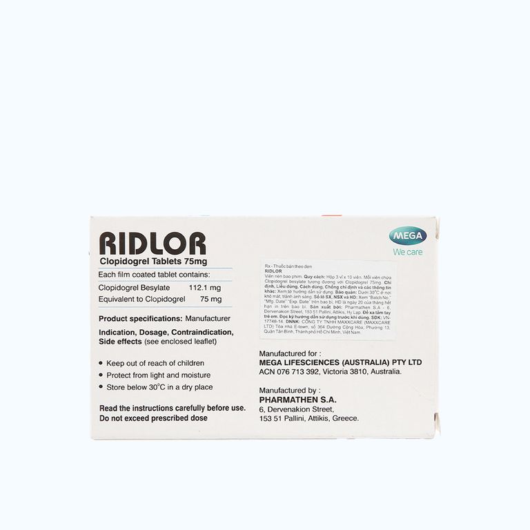 Viên nén Ridlor 75mg ngăn ngừa tai biến đông máu (3 vỉ x 10 viên)