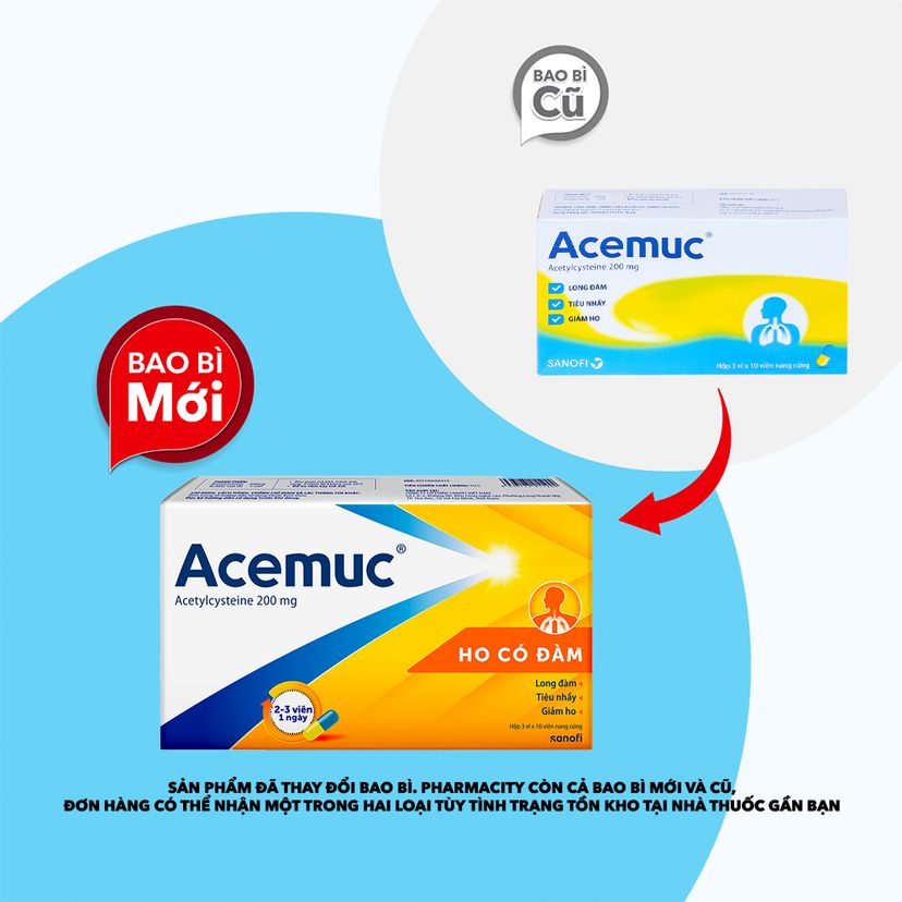 Thuốc Acemuc 200mg: Tiêu đờm, giảm ho (Hộp 30 Viên)
